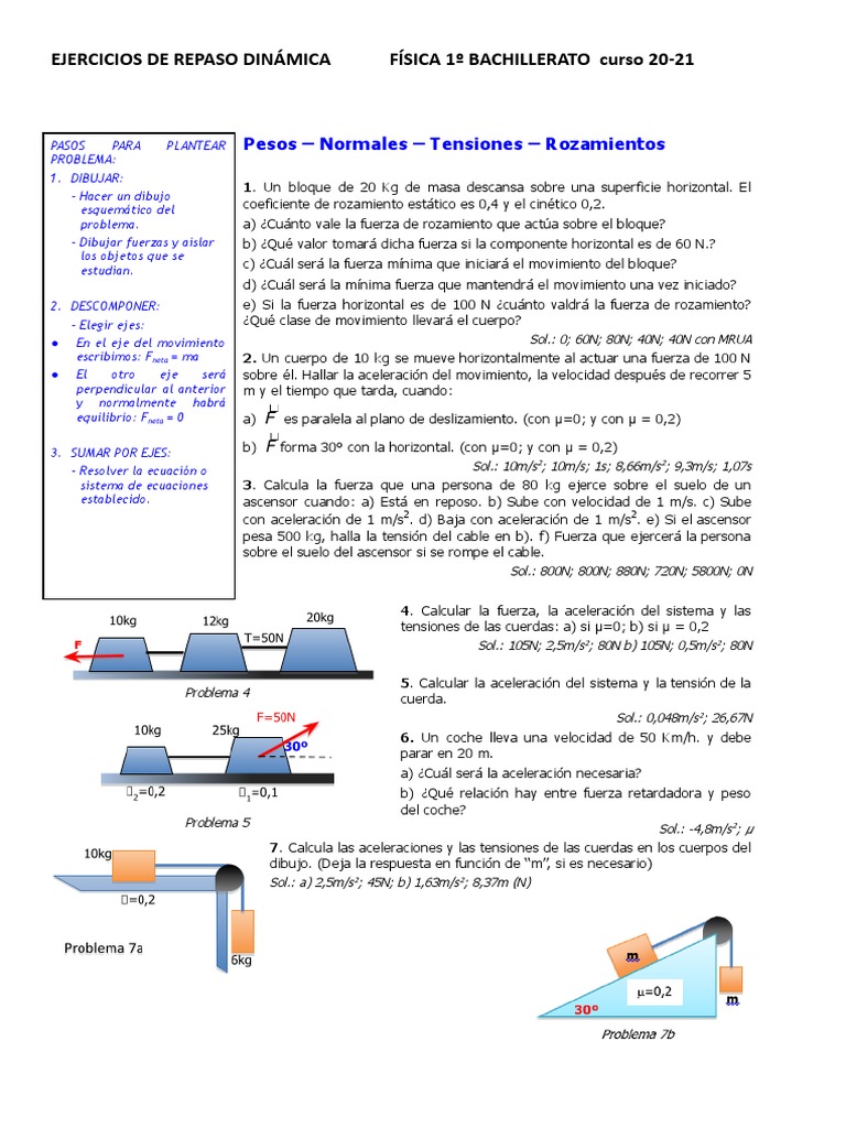 Pesos - Normales - Tensiones - Rozamientos: Ejercicios de Repaso Dinámica Física 1º Bachillerato ...