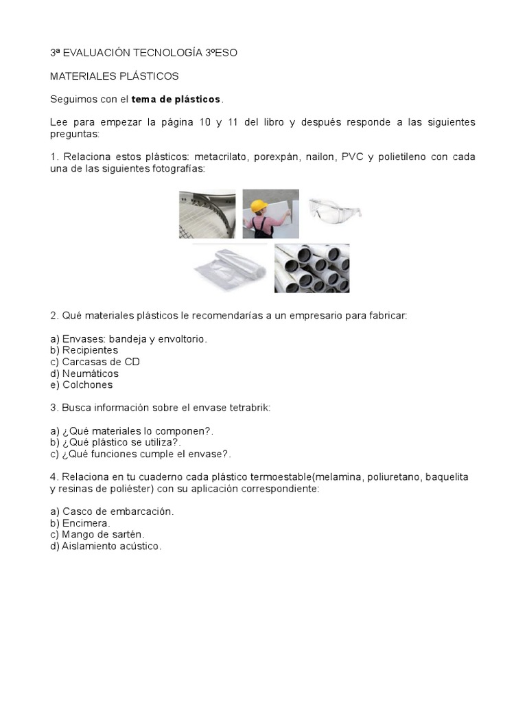 Evaluación de Materiales Plásticos 3º ESO | PDF
