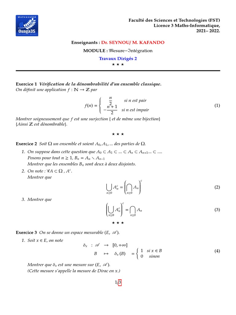Uo3s Lmi3 Td2 Mesure Intégration | PDF | Logique | Mathématiques