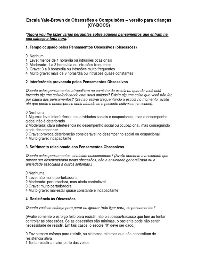 Escala Yale-Brown de Obsessoes e Compulsoes - Versao para Criancas-CY-BOCS | PDF | Transtorno ...