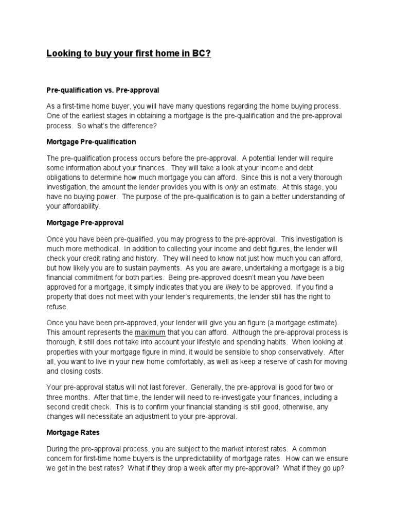 Buying A Home in BC, The First Steps | PDF | Mortgage Loan | Finance ...