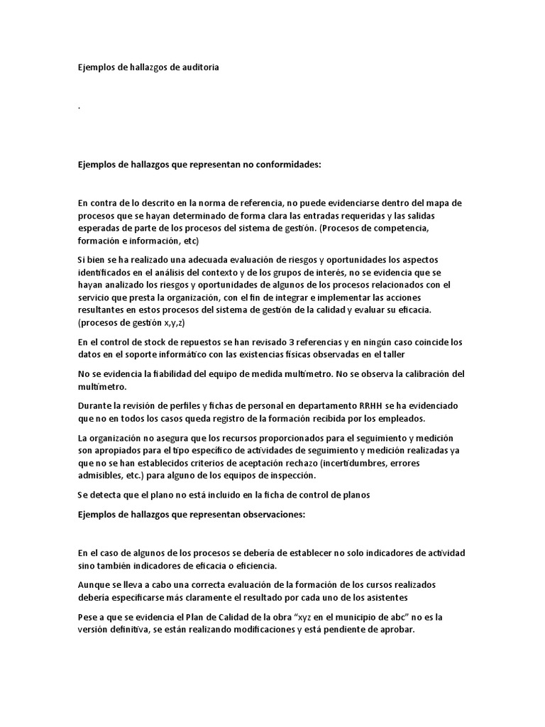 Ejemplos de Hallazgos de Auditoria | PDF | Auditoría | Calibración
