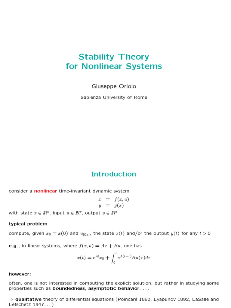 Stability Theory For Nonlinear Systems: Giuseppe Oriolo | Download Free PDF | Stability Theory ...
