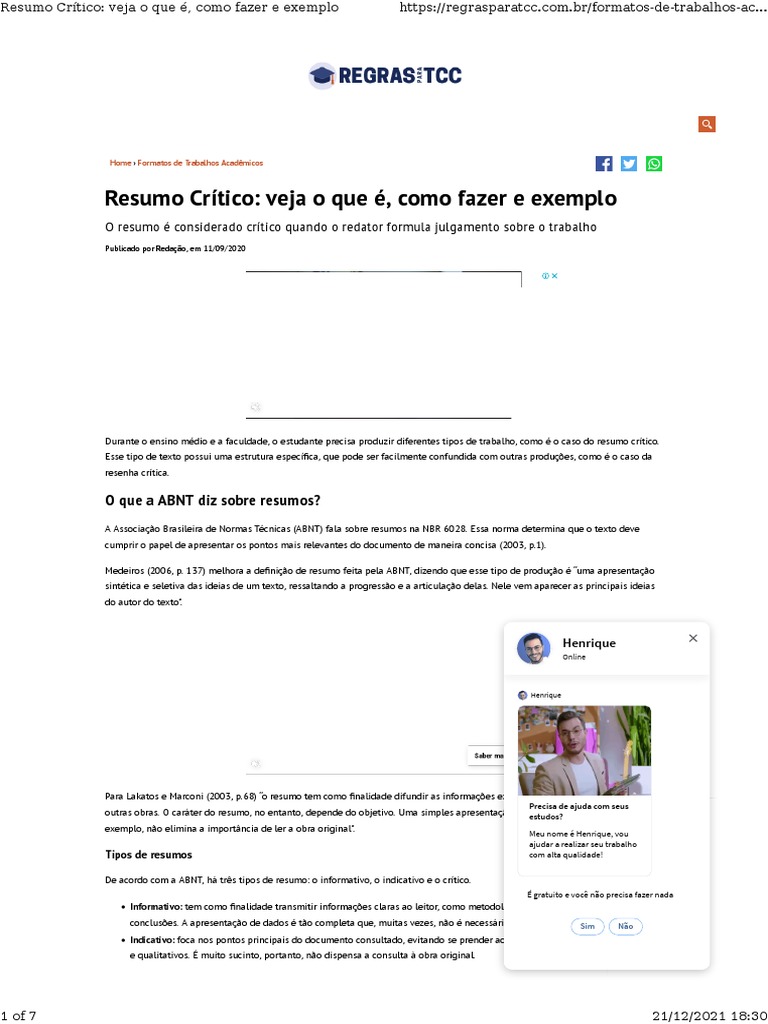 Resumo Crítico Veja o Que É, Como Fazer e Exemplo | PDF | Cognição