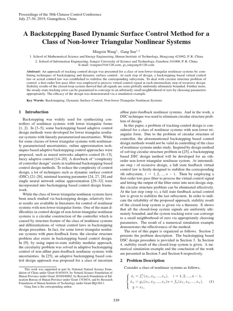 A Backstepping Based Dynamic Surface Control Method For A Class Of Non Lower Triangular