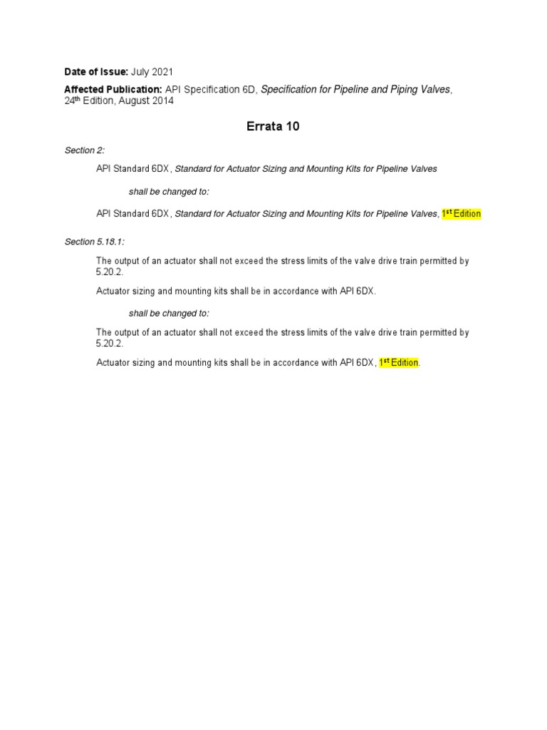 API Specification 6D 24th Edition Errata 10 20210803 | PDF
