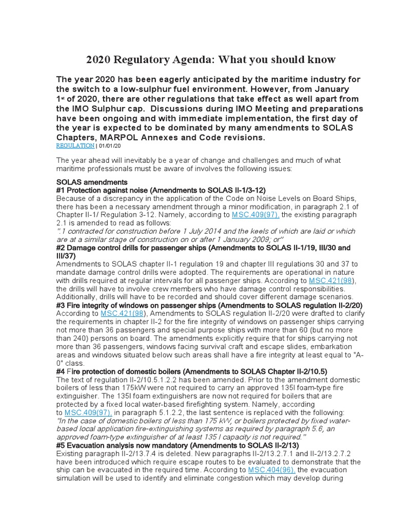 2020-Amendments To SOLAS Chapters, MARPOL Annexes and Code Revisions. | PDF