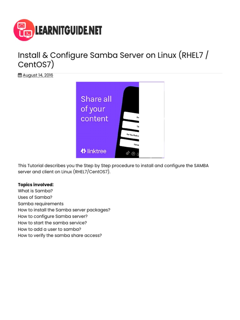 Install & Configure Samba Server On Linux (RHEL7 - CentOS7) | PDF | Software Development ...