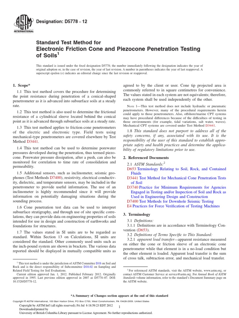 ASTM D5778-12 - Standard Test Method For Electronic Friction Cone and ...