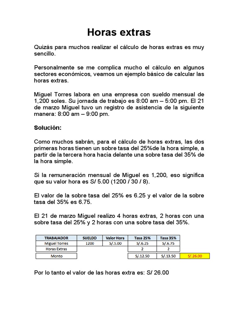 Cálculo de Horas Extras y Remuneración | PDF | Salario | Tiempo de trabajo