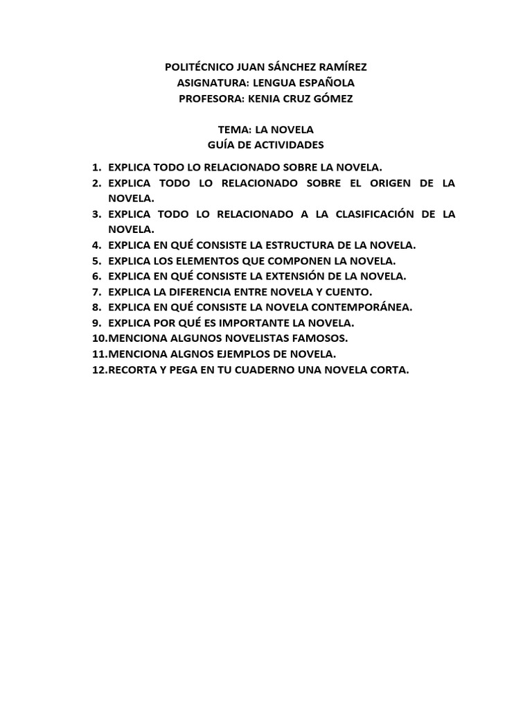 Guía de Actividad Sobre La Novela | PDF