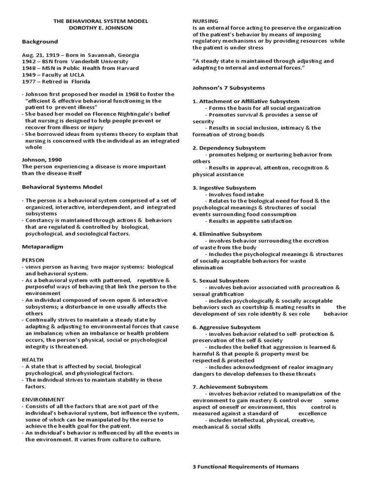 Dorothy Johnson's Behavioral System Model | PDF | Behavior | Nursing
