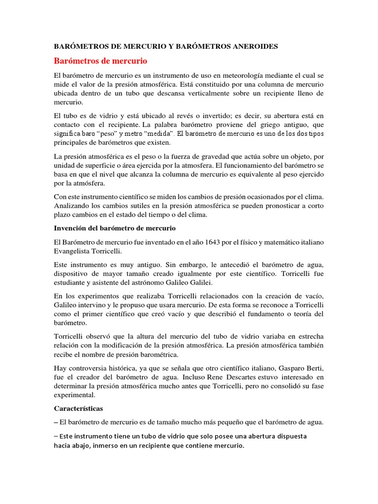 Barómetros de Mercurio y Barómetros Aneroides | PDF | Presión ...