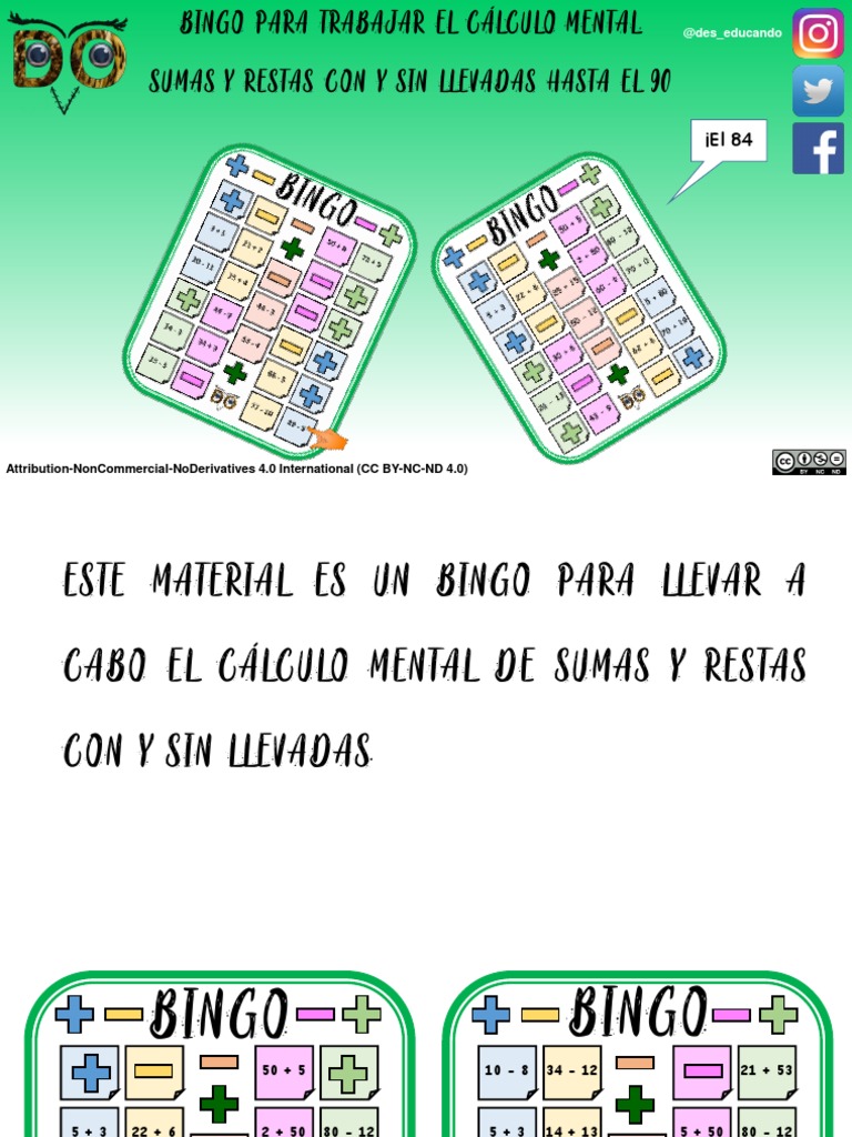 Bingo Cálculo Mental SUMAS Y RESTAS Con y Sin Llevadas | PDF