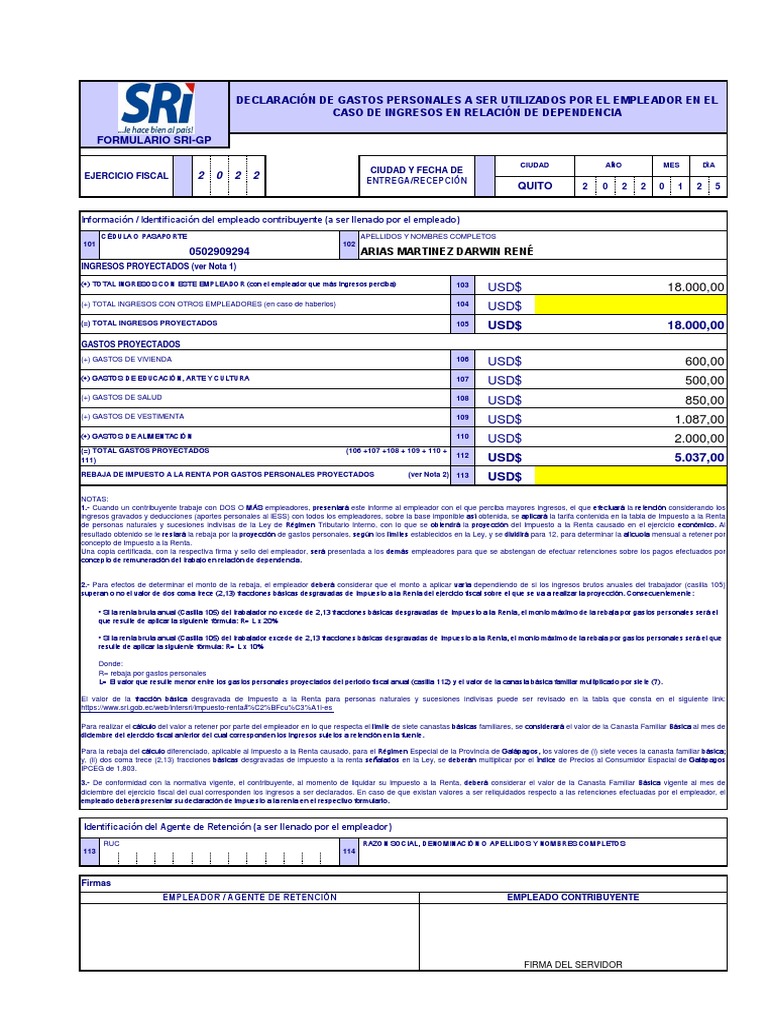 Formulario SRI - GP - 2022 - ISTVN | PDF | Impuesto sobre la renta ...