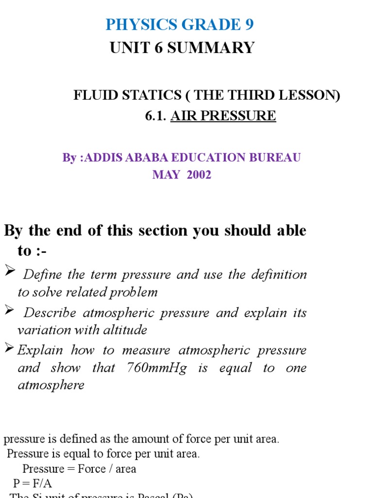 Unit 6 Summary: Physics Grade 9 | PDF | Pressure | Density