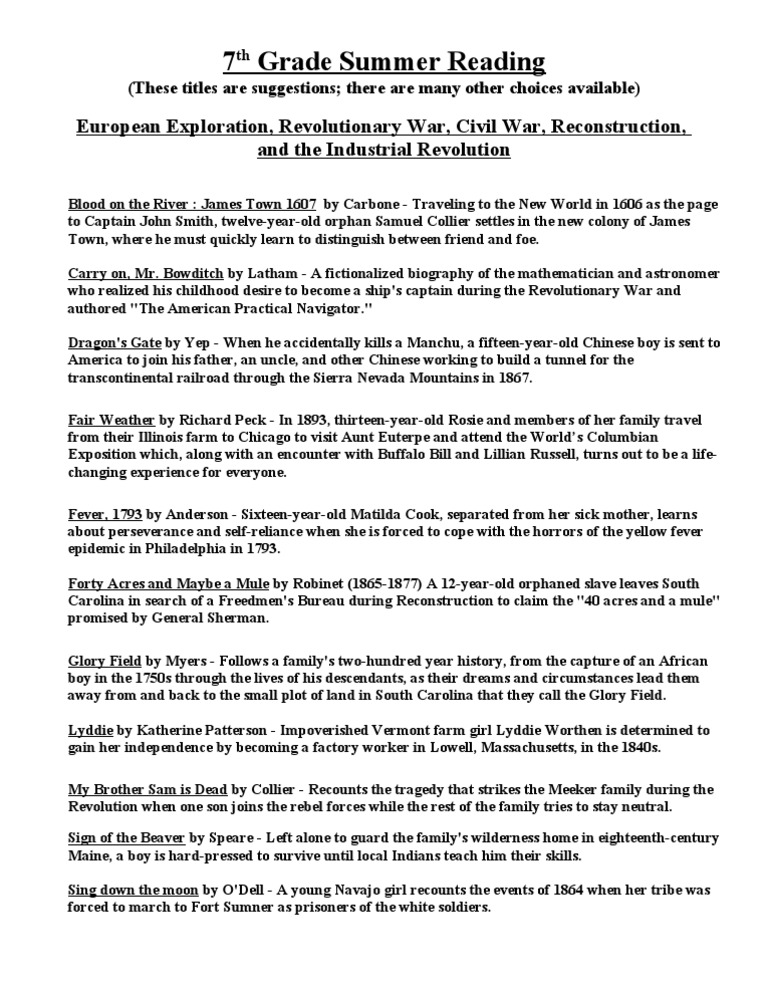 7th Grade Honors Summer Reading 2011 | PDF | North America | The United ...