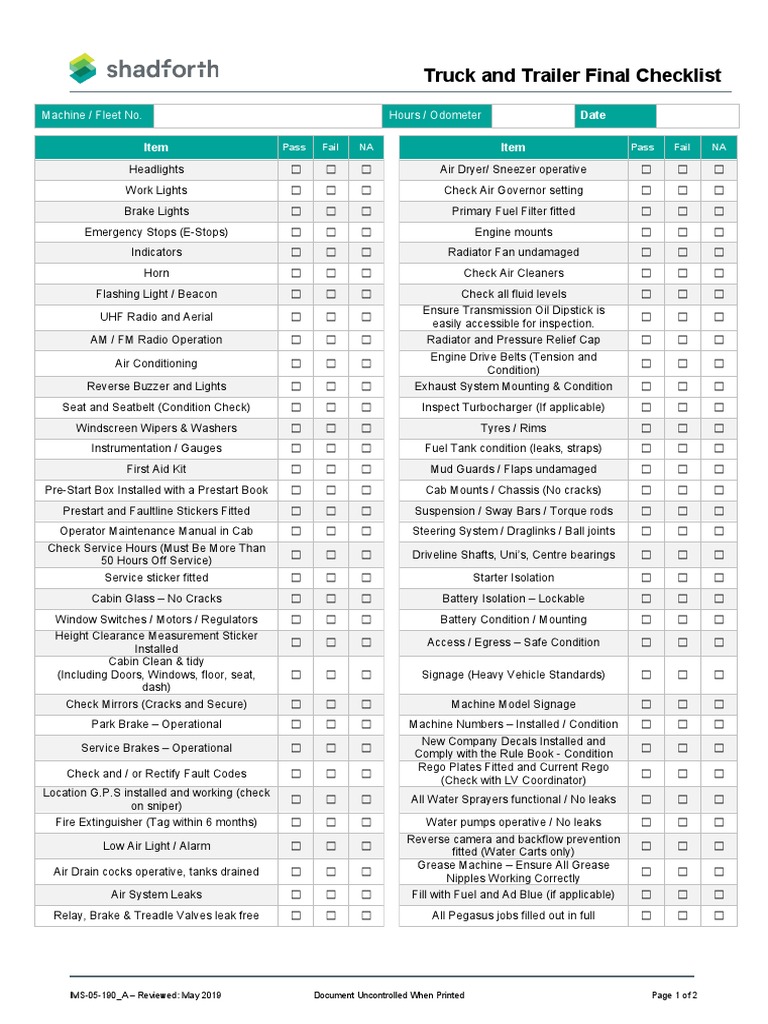 Truck and Trailer Final Checklist: Date Item Item | PDF | Truck | Car