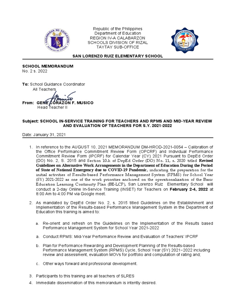 FINAL MEMO Inset 2021 RPMS AND MID YEAR REVIEW AND Eval | PDF