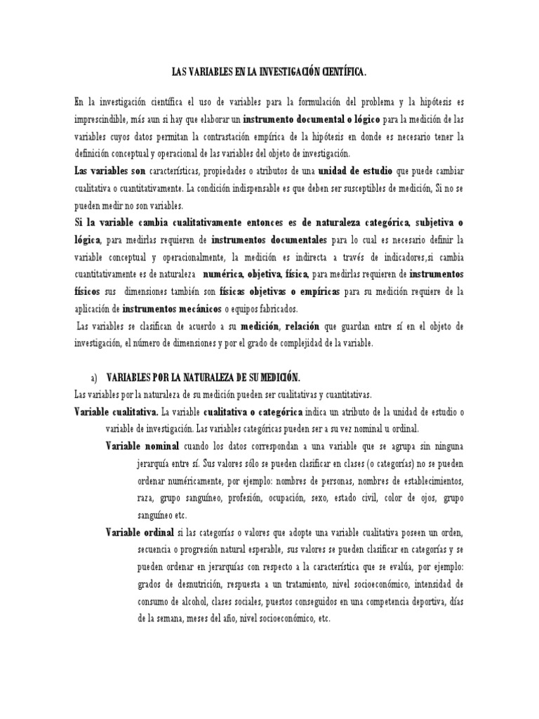 Variables científicas: definición, clasificación y medición | PDF ...
