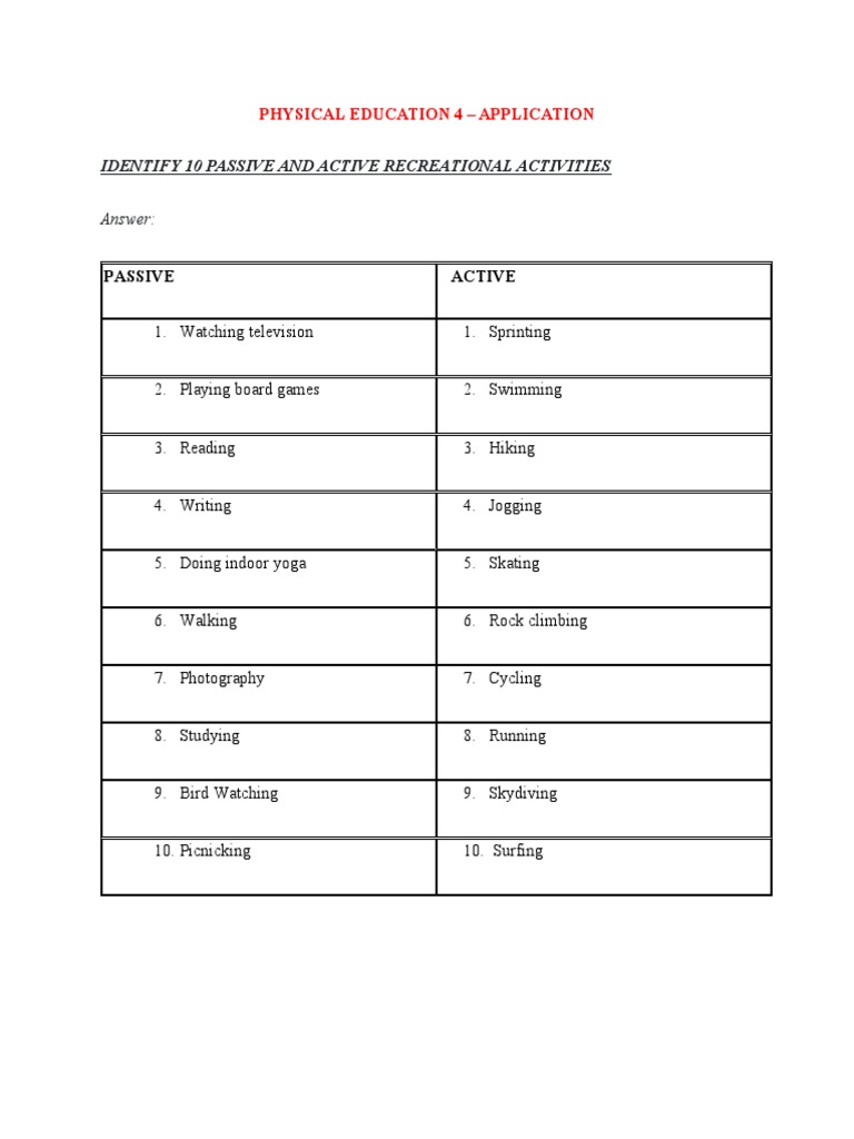 Physical Education 4 - 10 Passive & Active Recreation Ideas | PDF
