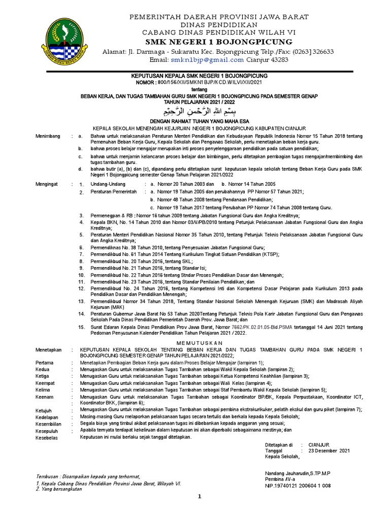 SK Tugas Tambahan Guru - EKSKUL 2021-2022 | PDF