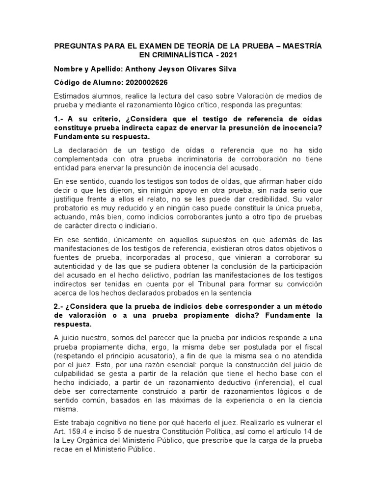 Examen de Teoría de La Prueba-Anthony Jeyson Olivares Silva) | PDF | Caso de ley | Derecho penal