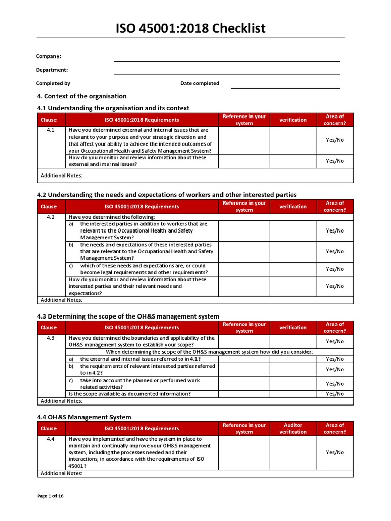 ISO 45001:2018 Checklist: 4. Context of The Organisation 4.1 ...