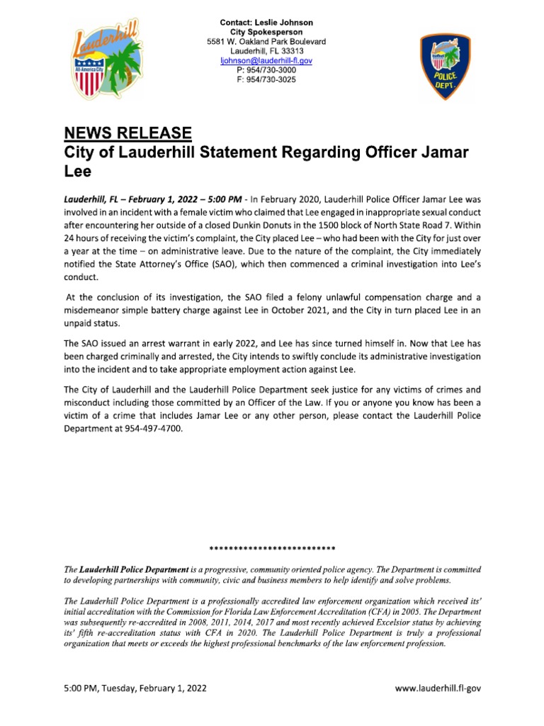 City of Lauderhill Statement Regarding Officer Jamar Lee - Feb. 1, 2022 ...
