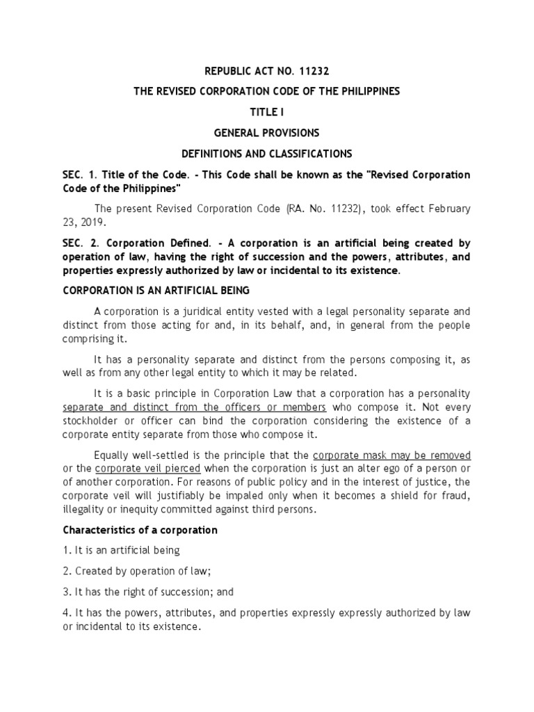 The Revised Corporation Code of The Philippines (R.A. 11232) | PDF ...