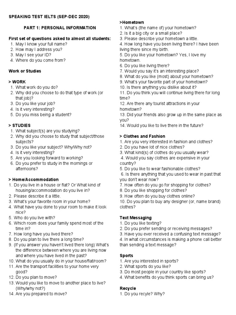 SPEAKING TEST IELTS Sep-Dec 2020 | PDF | Toys | News