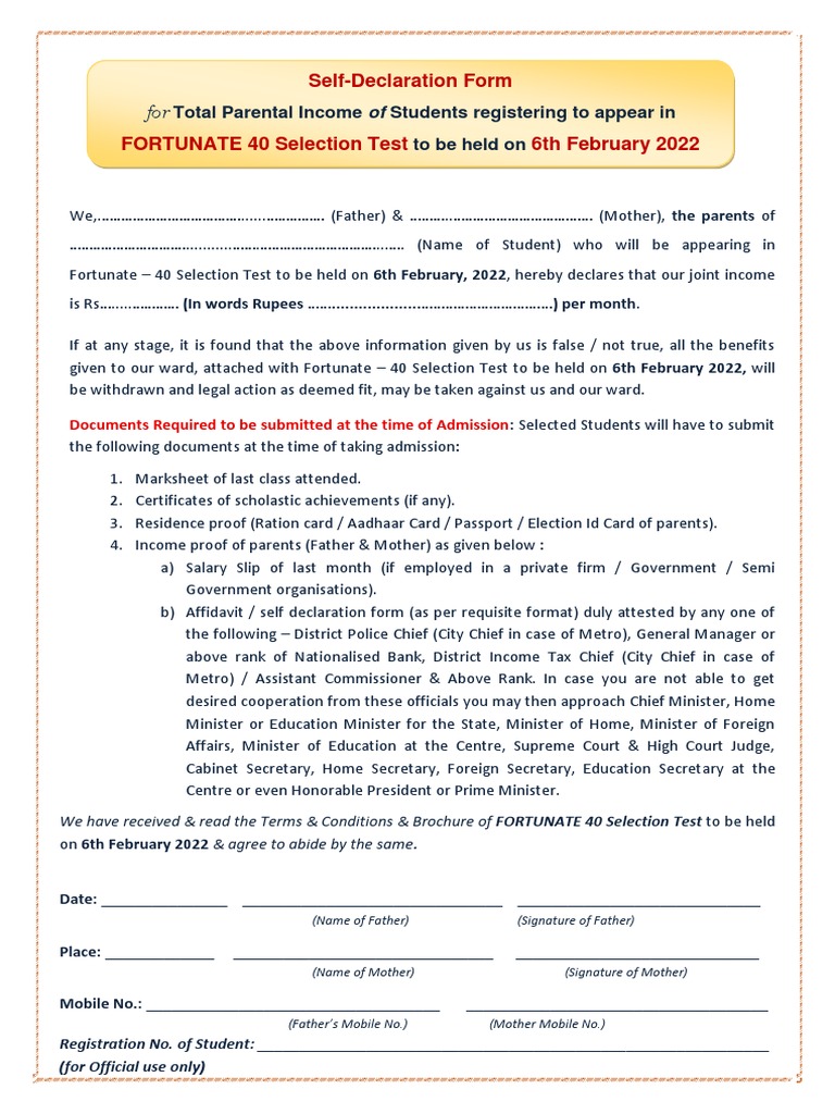 Self-Declaration Form: For Total Parental Income | PDF | Government Of ...