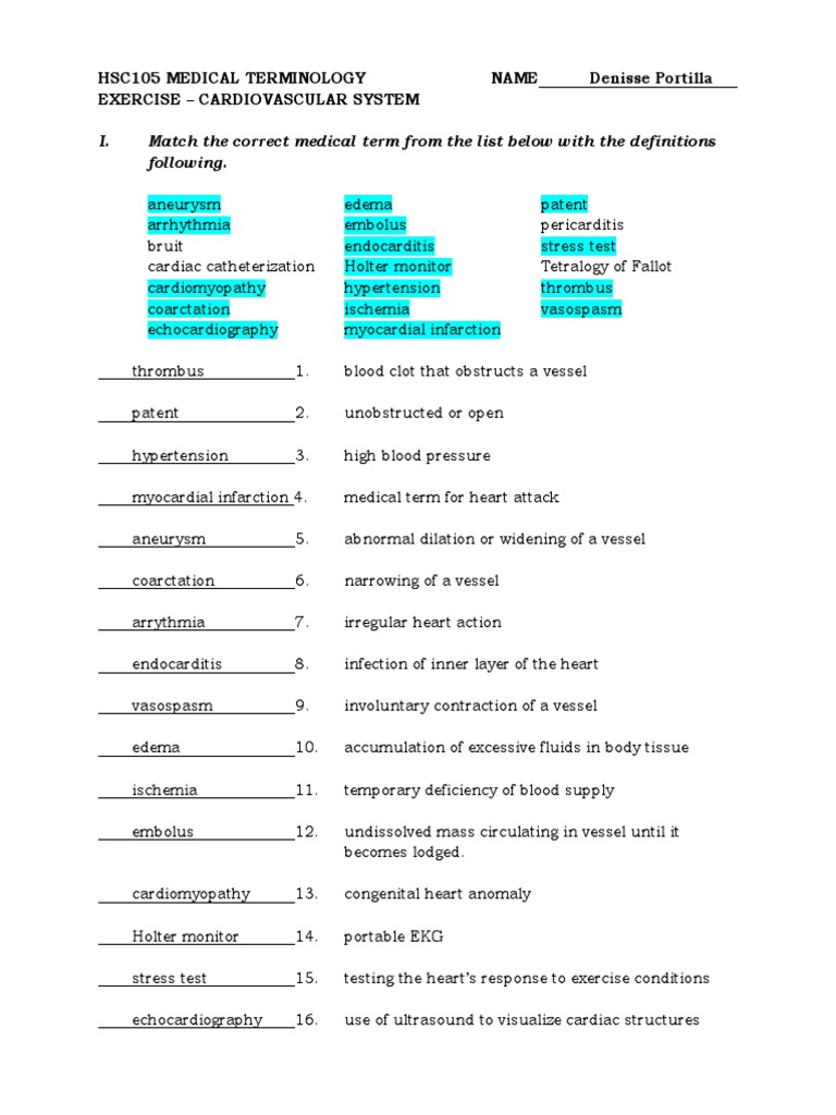 Cardiovascular System Terminology Worksheet Answers