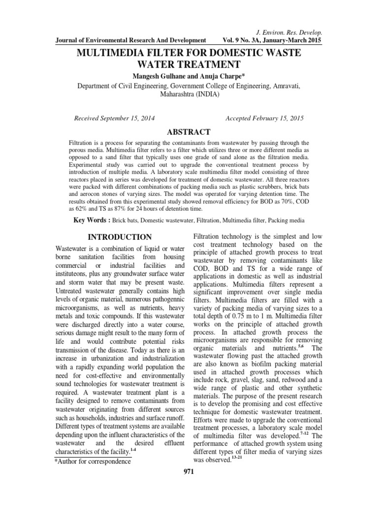 Multimedia Filter For Domestic Waste Water Treatment: Mangesh Gulhane ...
