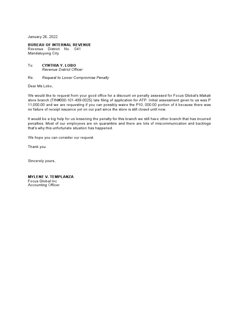 Request Letter To Lower Compromise Penalty ATP 1 | PDF