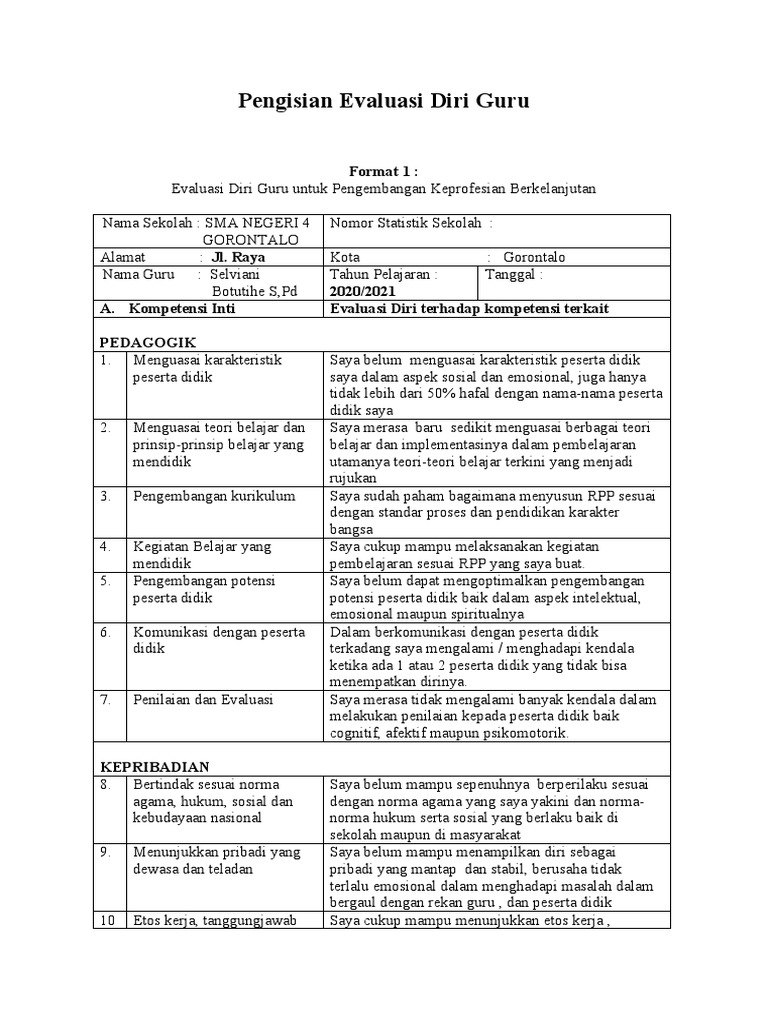 Contoh Pengisian Evaluasi Diri Guru Untuk Pengembangan Keprofesian ... Contoh Pengisian Evaluasi Diri Guru Untuk Pengembangan Keprofesian ...