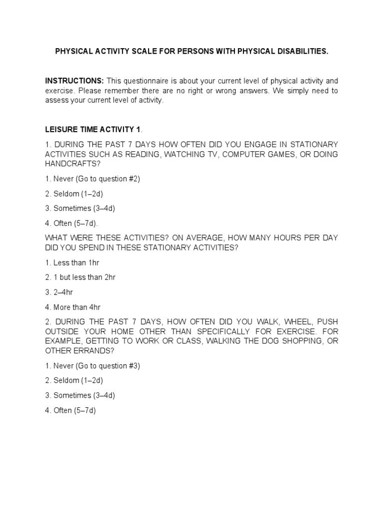 Physical Activity Scale For Persons With Physical Disabilities | PDF ...