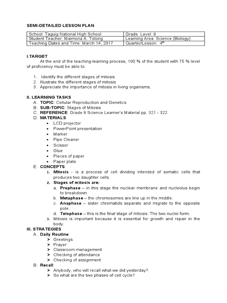 Mitosis Lesson Plan for Grade 8 | PDF | Mitosis | Meiosis