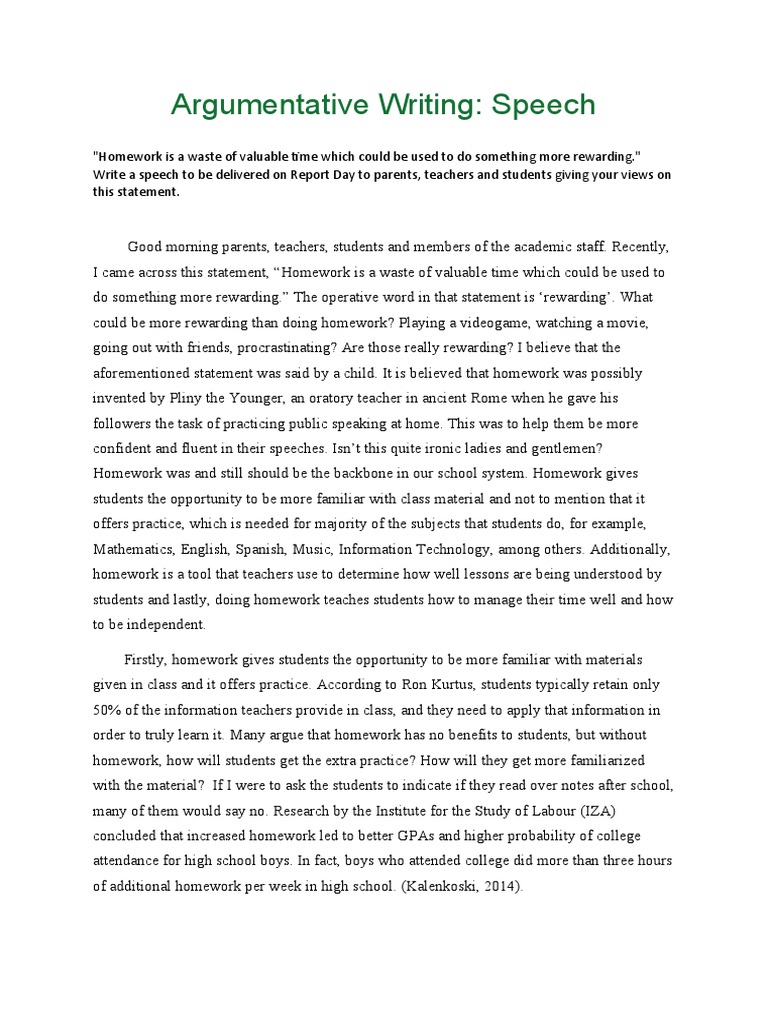 Argumentative Writing-Speech | PDF | Homework | Teachers