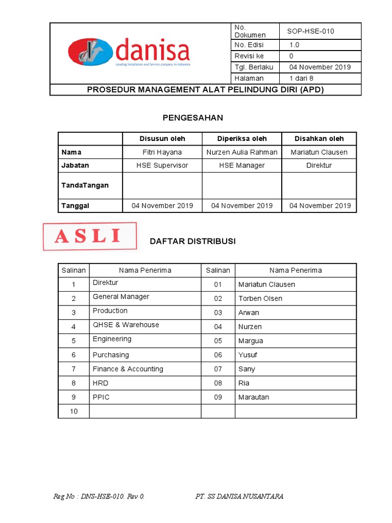 SOP HSE 010 Prosedur Management Alat Pelindung Diri APD | PDF