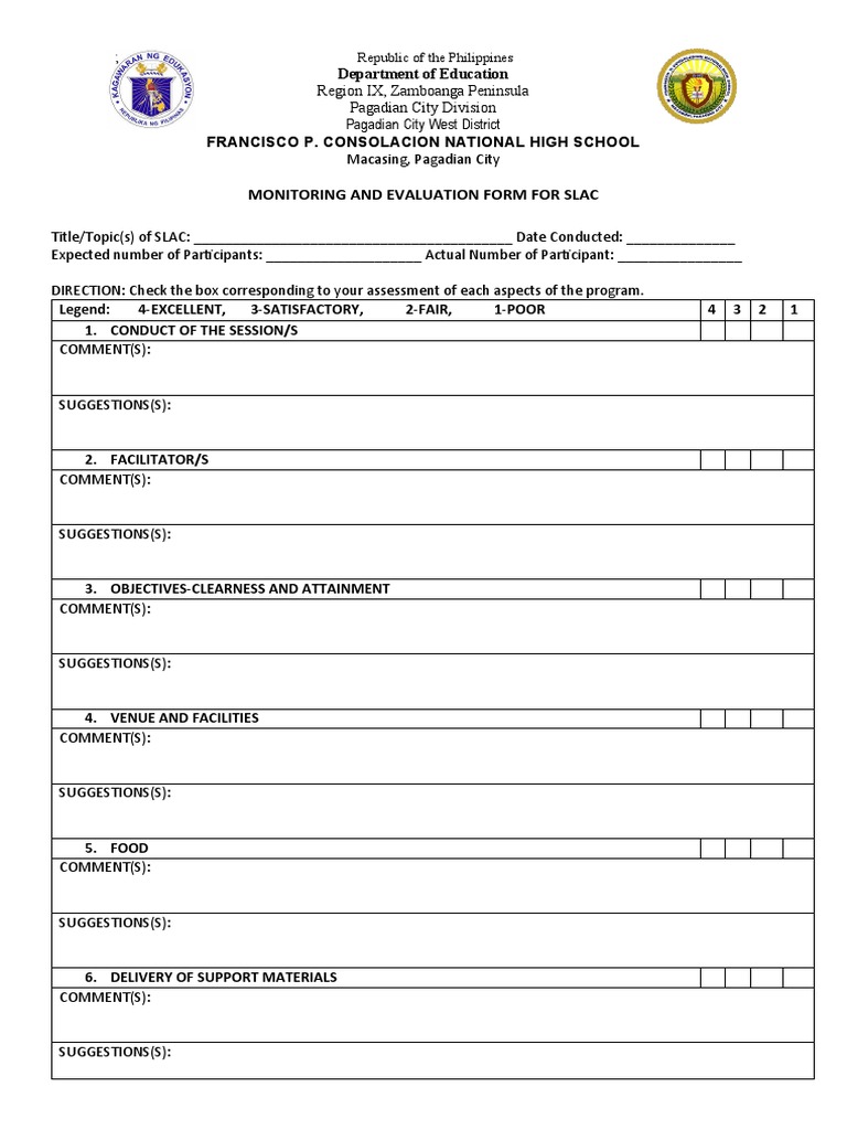 Monitoring and Evaluation Form For Slac | PDF