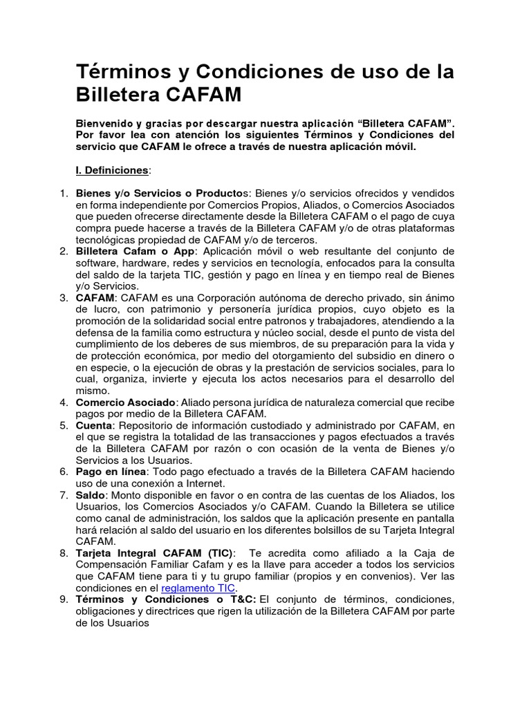 T Rminos y Condiciones de Uso de La Billetera CAFAM-20201026 | PDF | Aplicación movil | Software ...