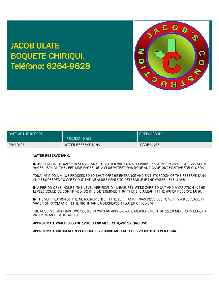 Water Reserve Tank Leak Report | PDF