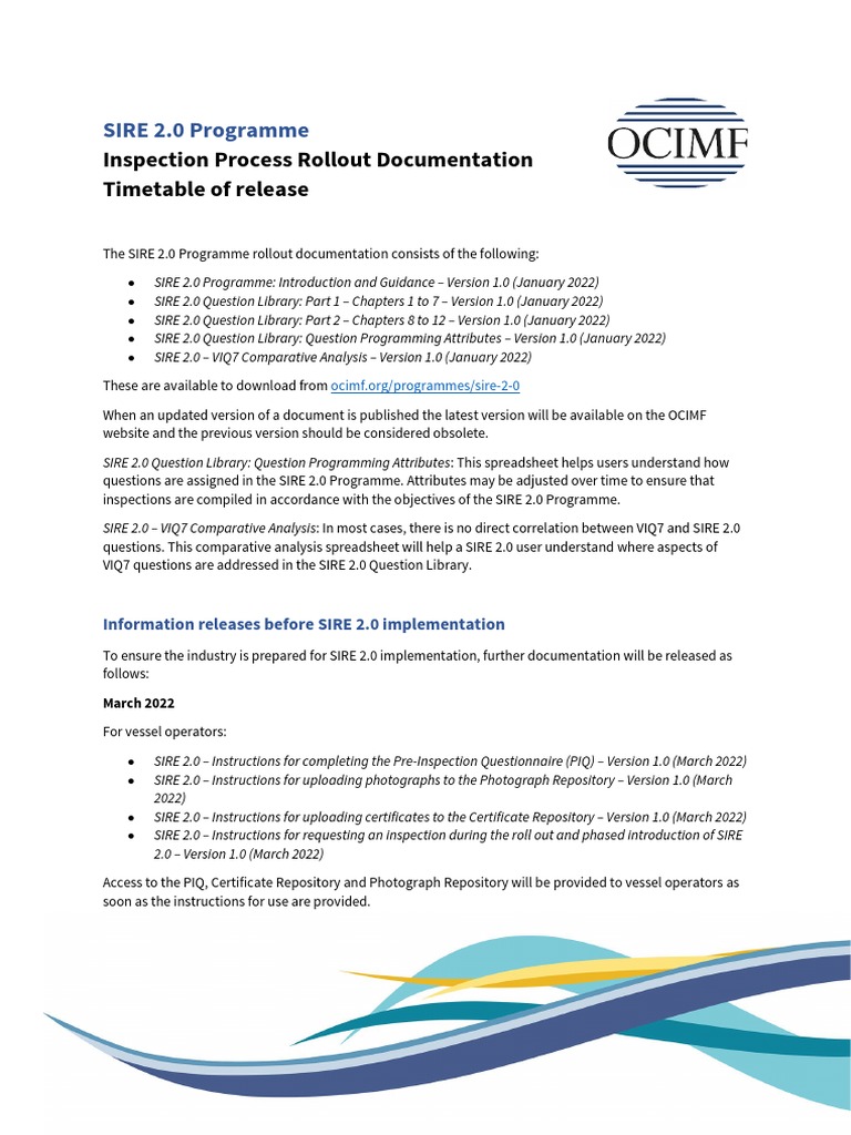SIRE 2.0 Programme Inspection Process Rollout Documentation - Timetable ...