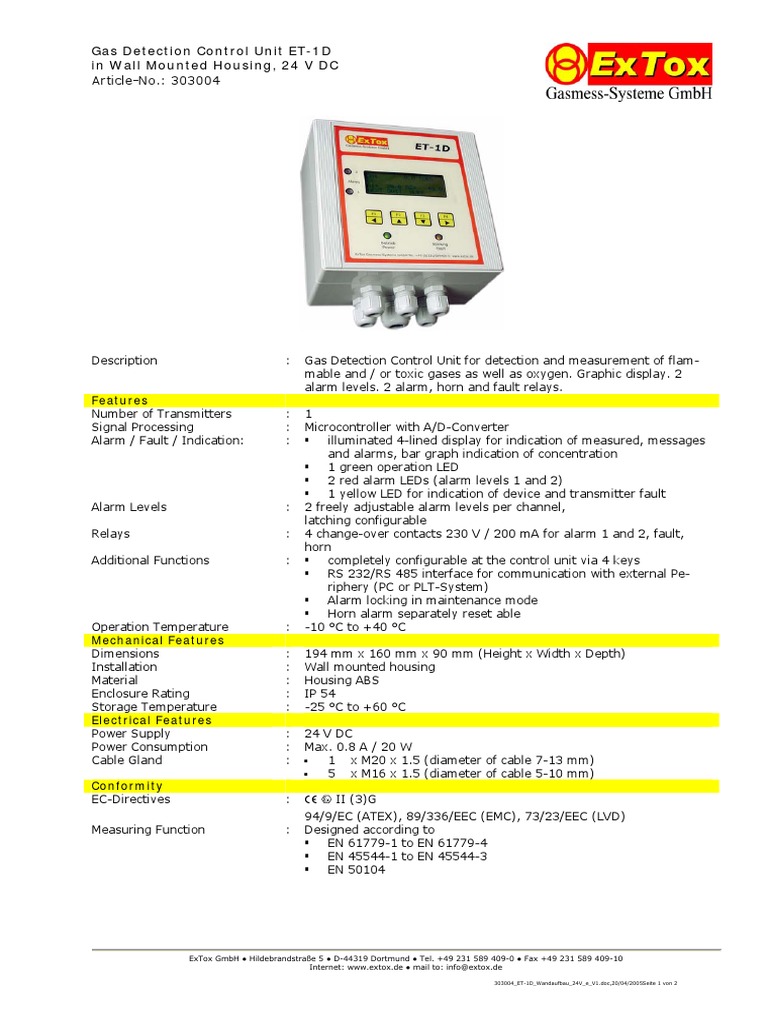 Article-No.: 303004: Gas Detection Control Unit ET-1D in Wall Mounted ...