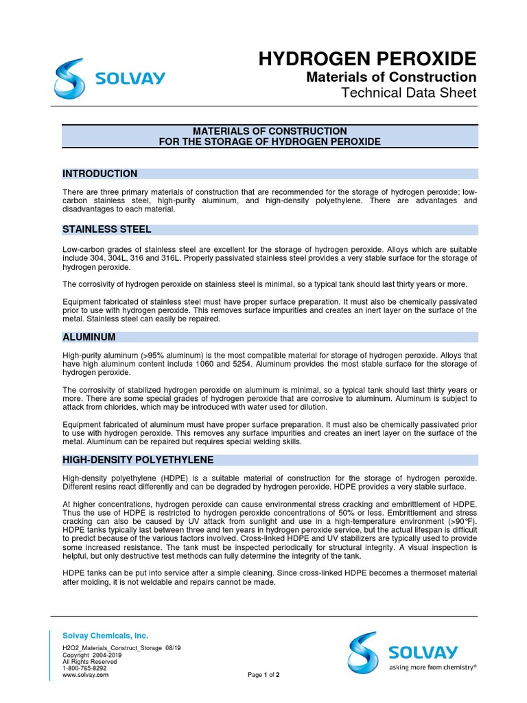 H2O2 Materials of Construction For The Storage of H2O2 | PDF ...
