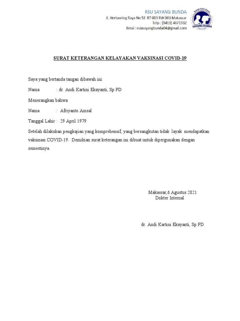 Surat Keterangan Kelayakan Vaksinasi Covid | PDF