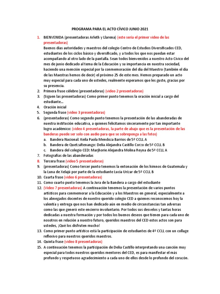 PROGRAMA PARA EL ACTO CÍVICO JUNIO 2021 Presentadoras 2 | PDF