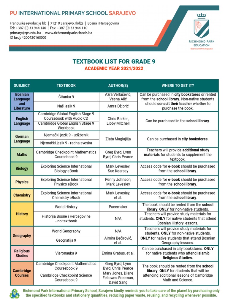 Books and Stationery Grade 9 | PDF | Textbook