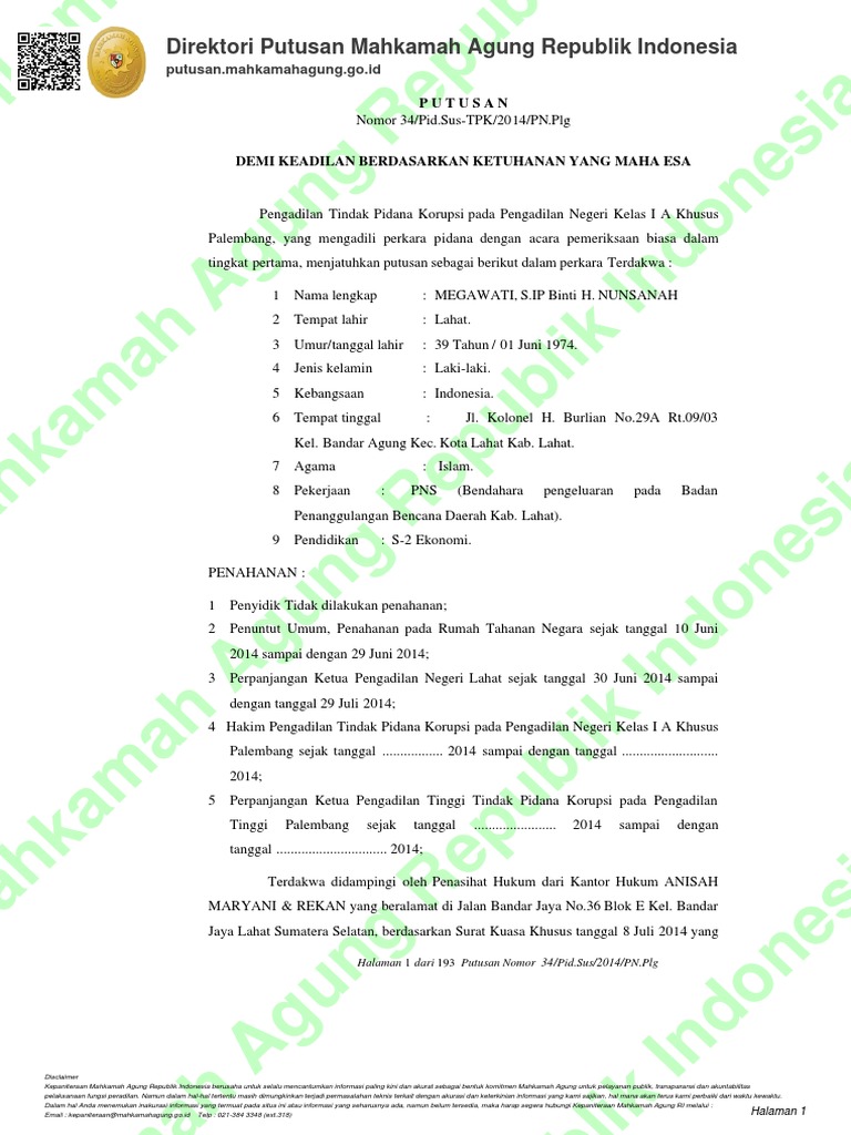 Putusan 34 Pid - Sus-Tpk 2014 PN - PLG 20210226 | PDF